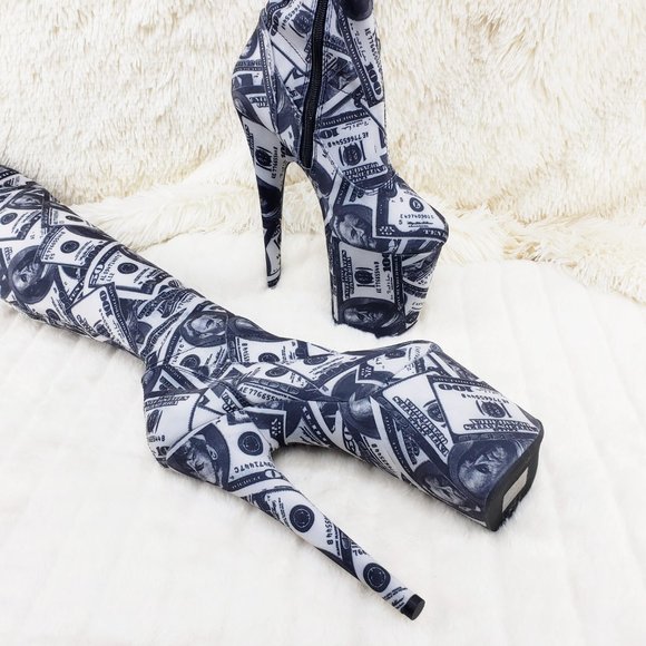 Pleaser | Shoes | Dollar Money Print Stretch Thigh High 8 Heel Boots ...